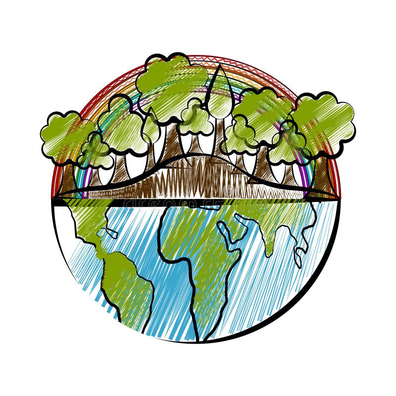 Sketch of a Half Earth with a Trees and Rainbow Stock Vector ...