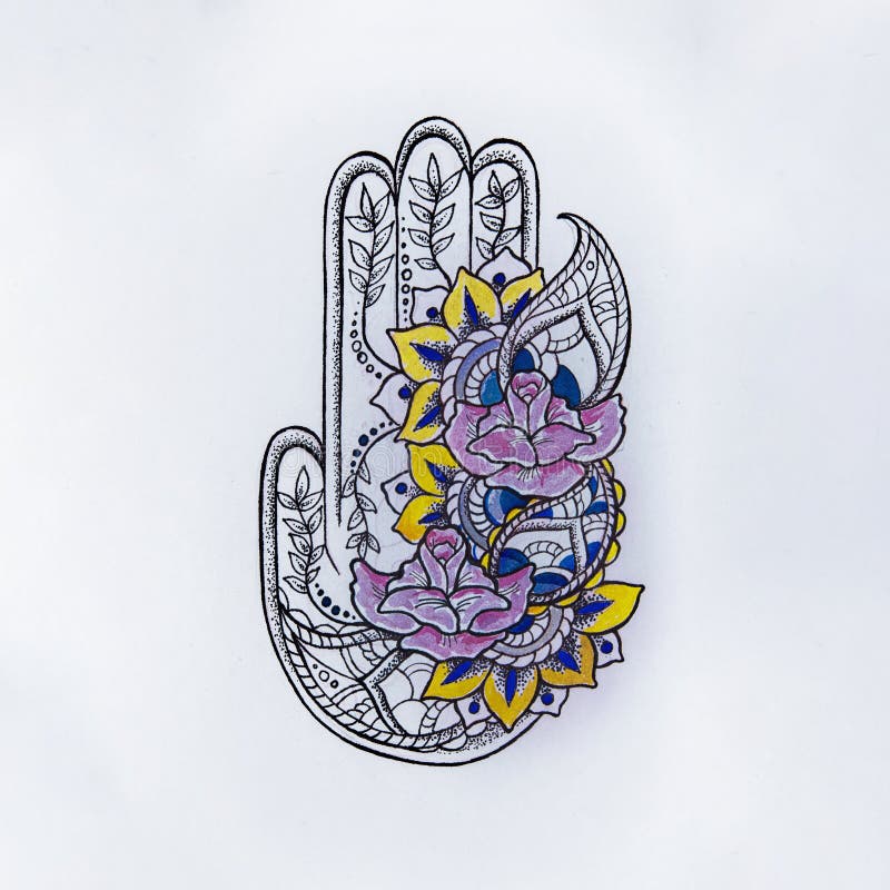 Sketch of Hamsa with Patterns on White Background. Stock Image - Image ...