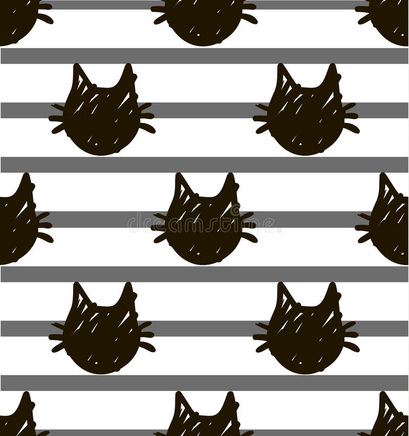 Sketch Hand Drawn Cat Heads Pattern on Gray Stripes Stock Vector ...