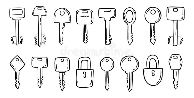 Sketch Hand Drawn Doodle Key Icon Set. Vintage Locks and Keys. Outline ...