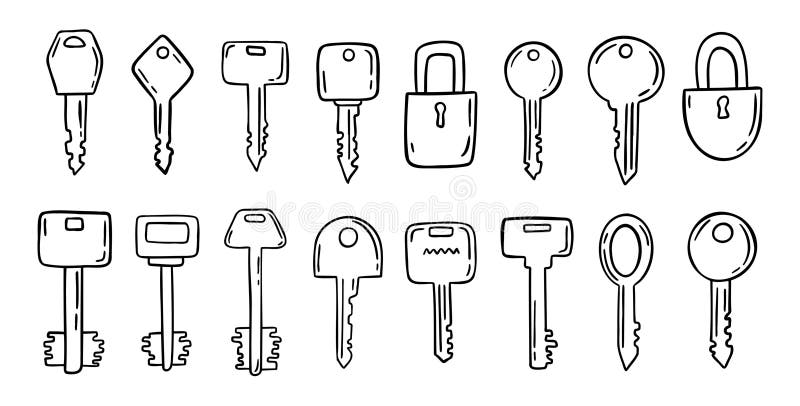 Sketch Hand Drawn Doodle Key Icon Set. Vintage Locks and Keys. Outline ...