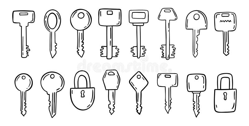 Sketch Hand Drawn Doodle Key Icon Set. Vintage Locks and Keys. Outline ...