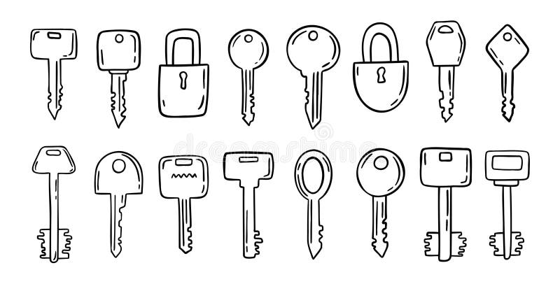 Sketch Hand Drawn Doodle Key Icon Set. Vintage Locks and Keys. Outline ...
