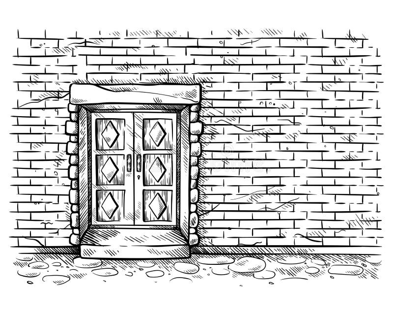 Sketch Hand Drawn Old Rectangular Wooden Door in Brick Wall Vector ...