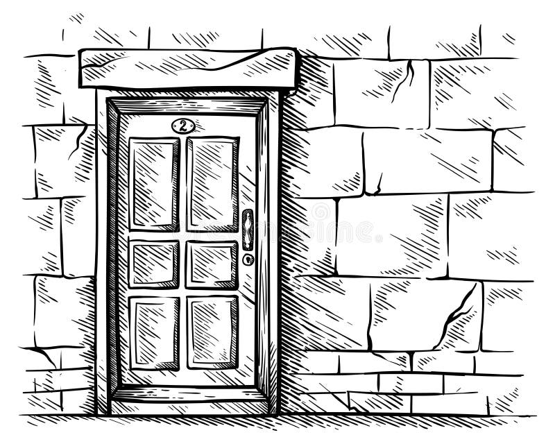 Sketch Hand Drawn Old Double Rectangular Wooden Door in Stone Wall ...