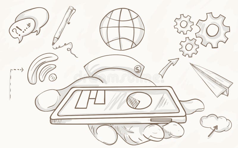 Sketch Hand with Phone Symbols Technology and Communication Stock ...
