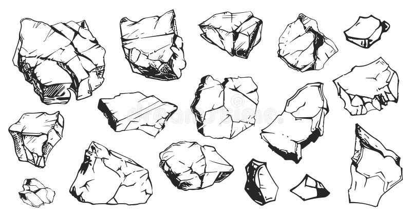 Sketch Hatching. Broken Stone Chalk, Pieces on Rock and Mountains Stock ...