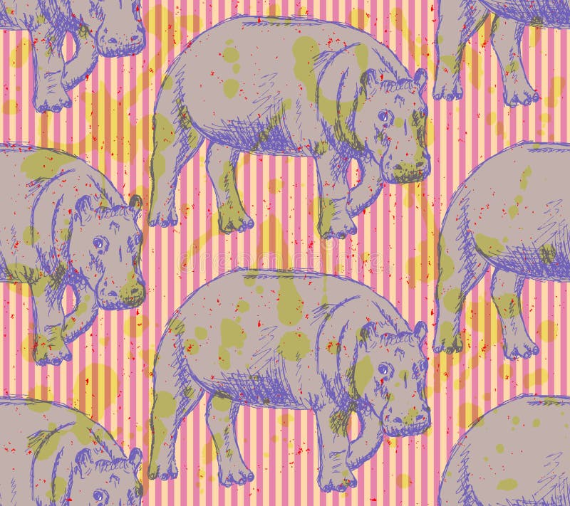 Sketch Hippo, Vector Vintage Seamless Pattern Stock Vector ...