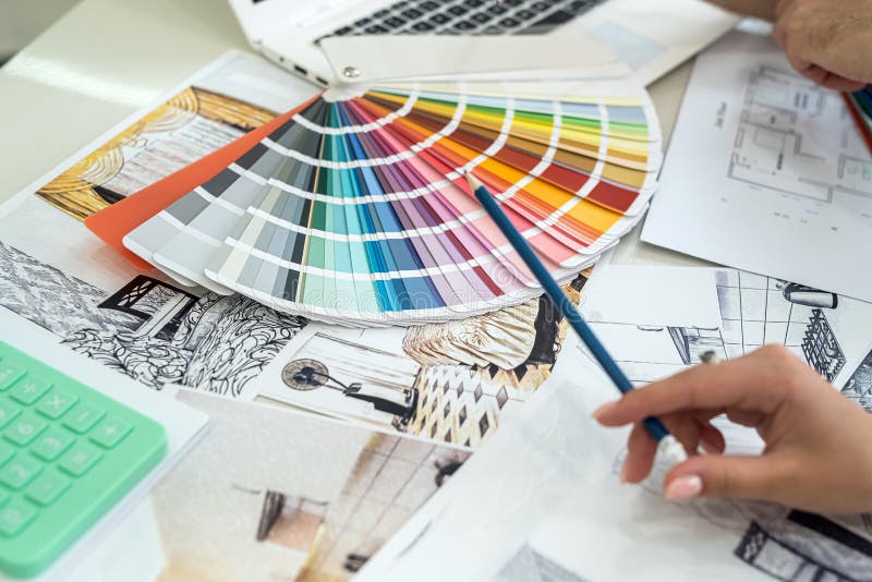 Sketch of Home Interior with Designer Hands Stock Image - Image of ...