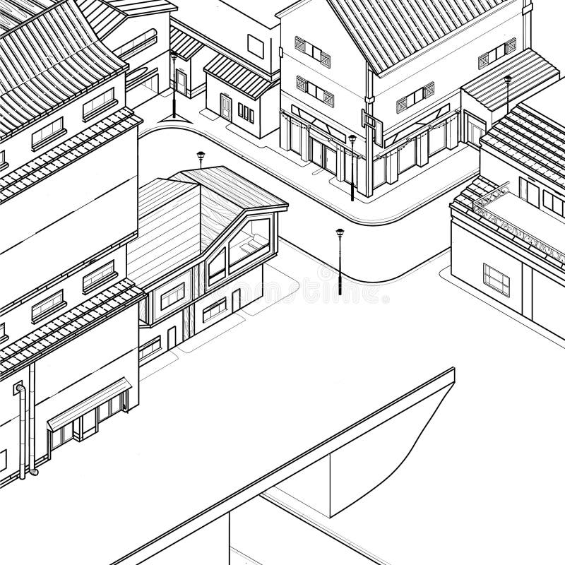 Sketch of House City Isometric View Architectural Drawing on White ...