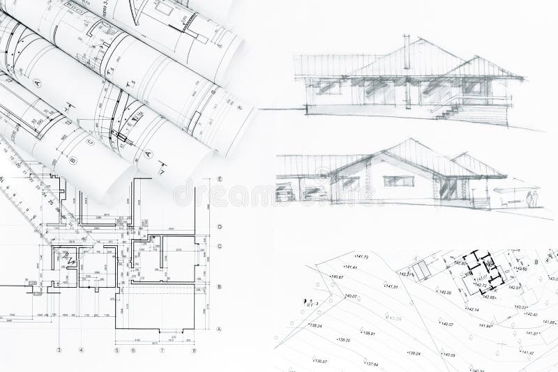 Sketch and House Plan Blueprints Stock Image - Image of creativity ...