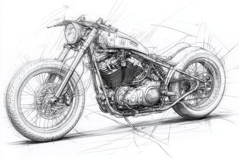 Detailed Technical Sketch of a Custom Motorcycle Design Showcasing ...