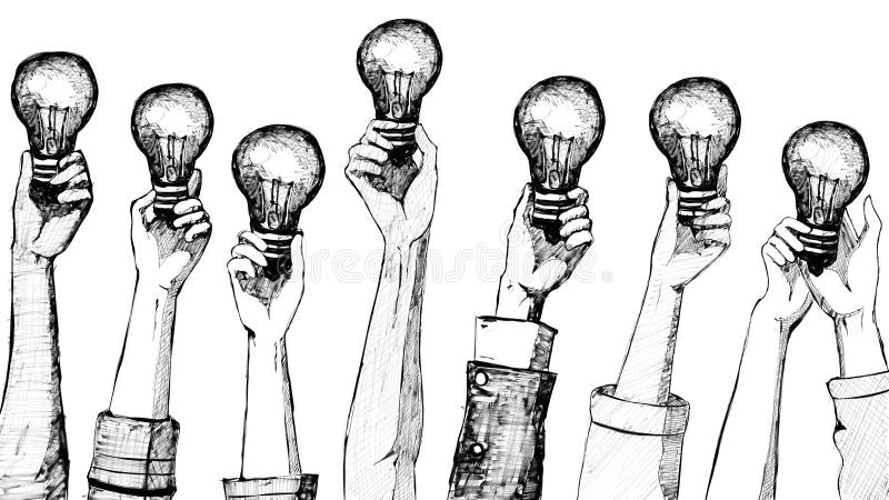 Sketch Illustration of Hands Raising Glowing Light Bulbs Stock Image ...