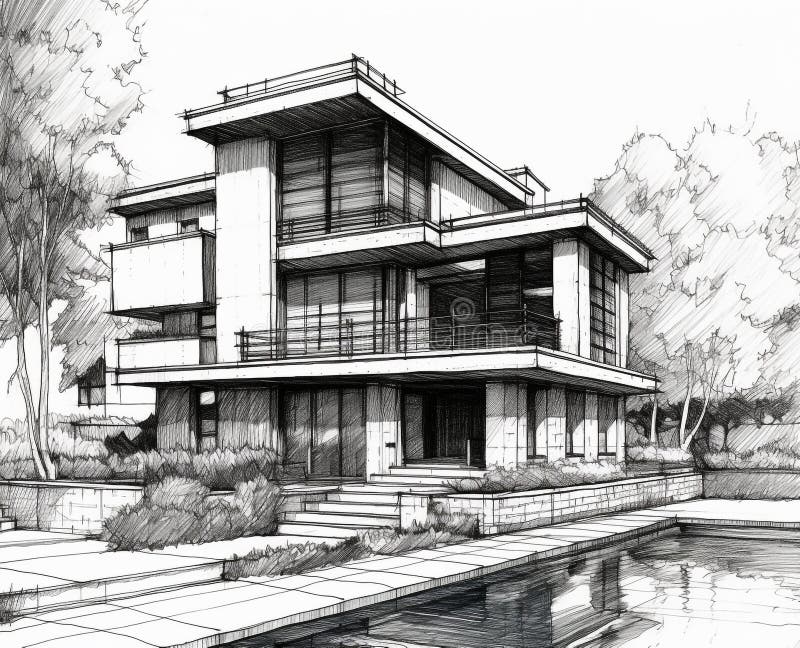 Sketch Illustration of a Modern Style House that Has a Swimming Pool in ...