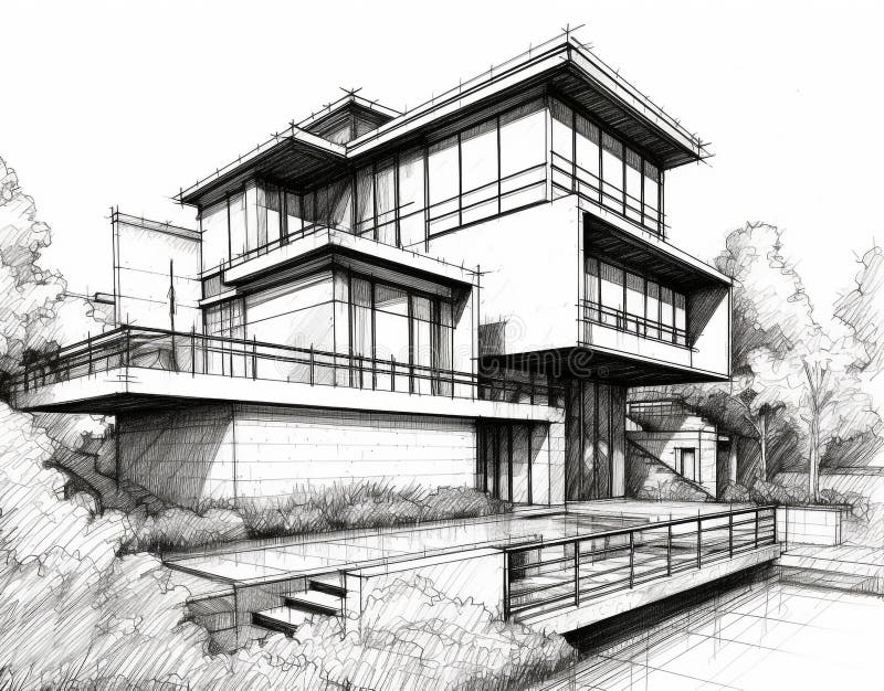 Sketch Illustration of a Modern Style House that Has a Swimming Pool in ...