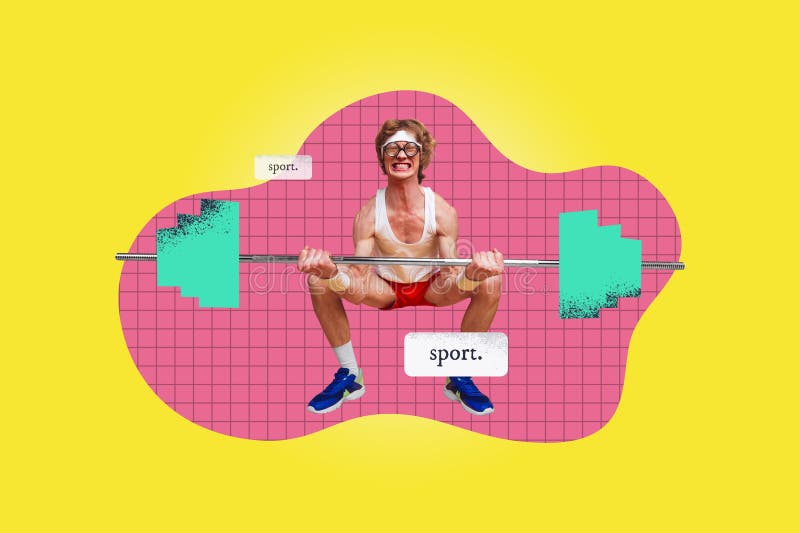 Sketch Image Composite Artwork Collage of Weak Guy Lift Barbell Do Work ...