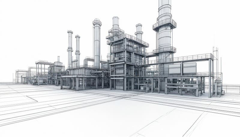 Sketch of Industrial Complex Rendered in Wire-frame Style. Visible ...