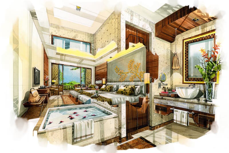 Sketch Interior Bath Room into a Watercolor Stock Illustration ...