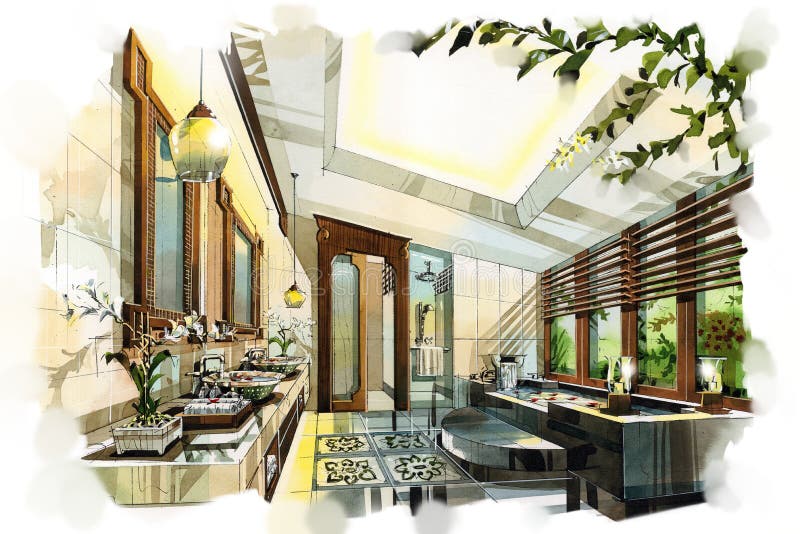 Sketch Interior Bath Room into a Watercolor Stock Illustration ...