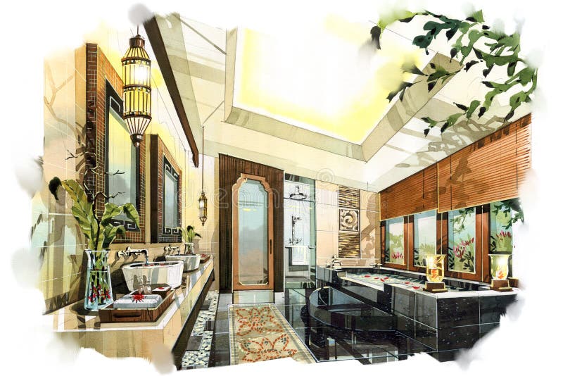 Sketch Interior Bath Room into a Watercolor Stock Illustration ...