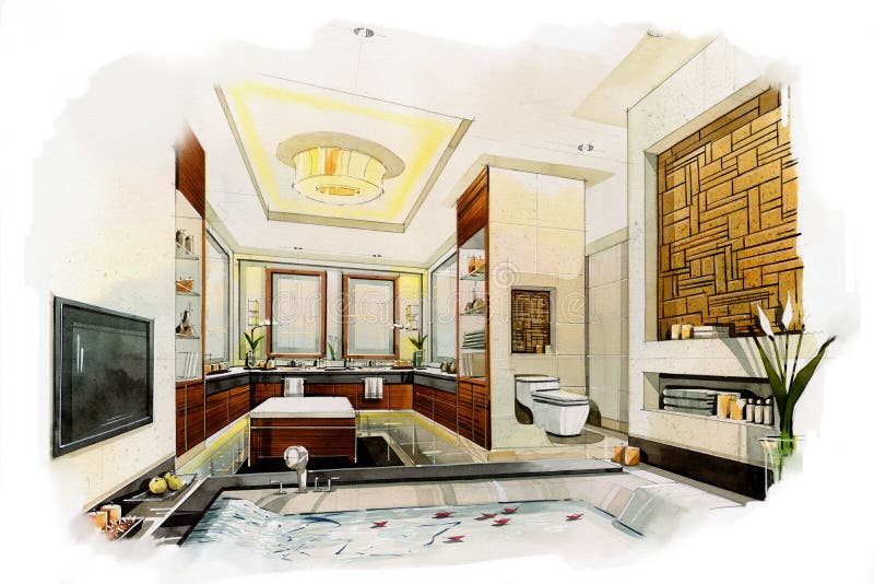 Sketch Interior Bath Room into a Watercolor Stock Illustration ...