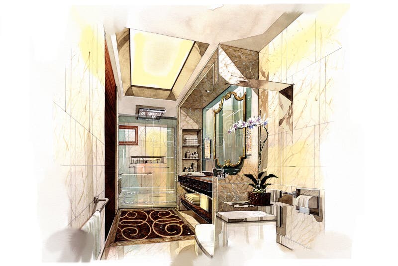 Sketch Interior Lobby into a Watercolor Stock Illustration ...