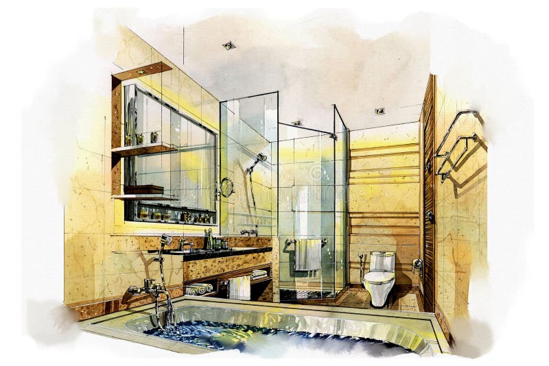 Sketch Interior Bath Room into a Watercolor Stock Illustration ...