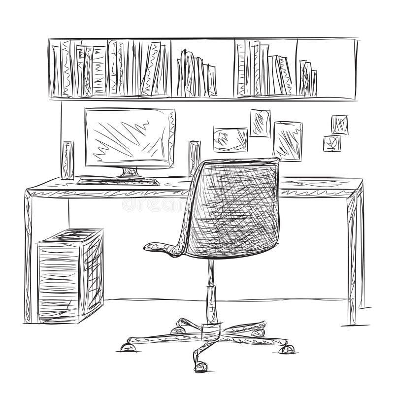 Sketch the Workplace in Front of the Computer. Vector Illustration ...