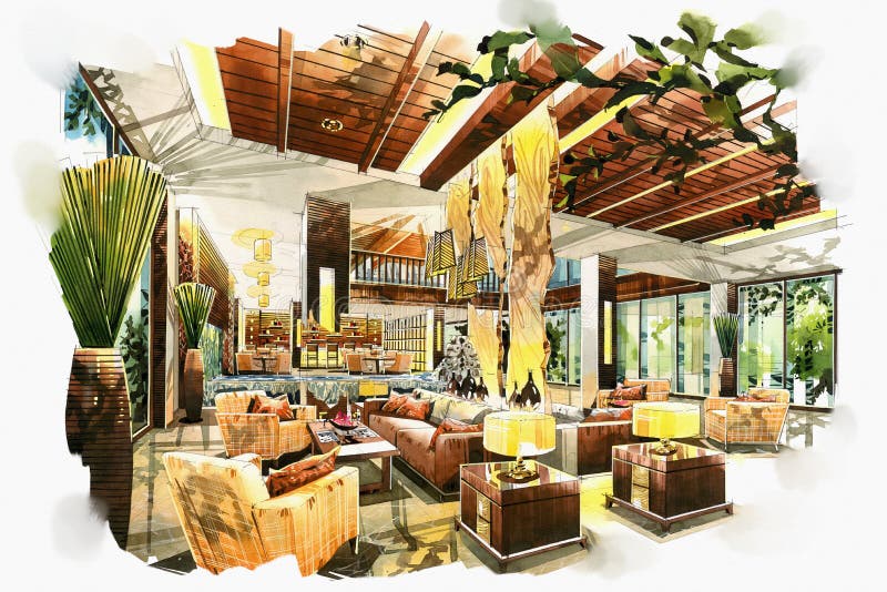 Sketch Interior Lobby Lounge into a Watercolor Stock Illustration ...