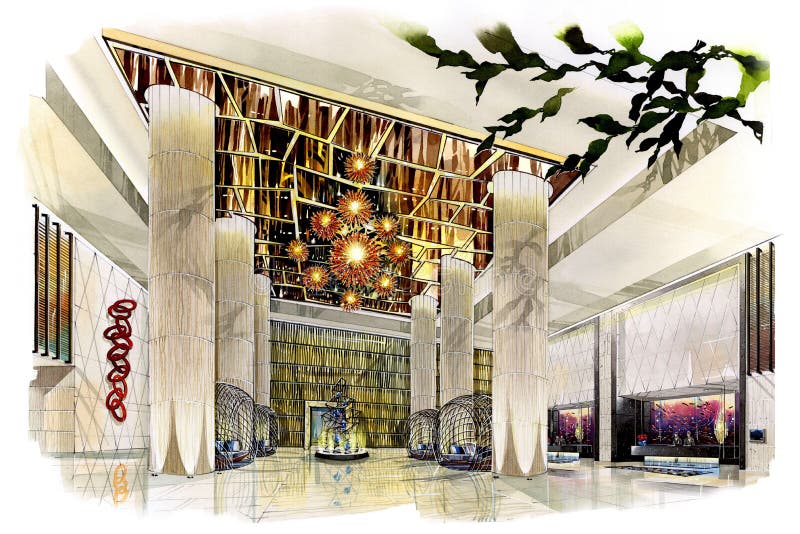 Sketch Interior Lobby into a Watercolor Stock Illustration ...