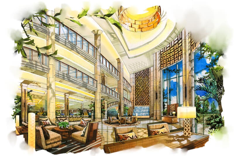 Sketch Interior Lobby into a Watercolor Stock Illustration ...