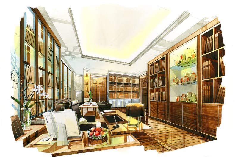Sketch Interior Office Room into a Watercolor Stock Illustration ...