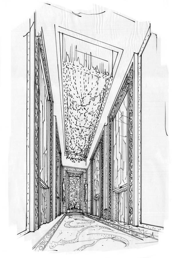Sketch Interior Perspective Lift Hall Stock Illustration - Illustration ...