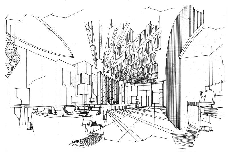 Sketch Interior Perspective Lobby Stock Illustration - Illustration of ...