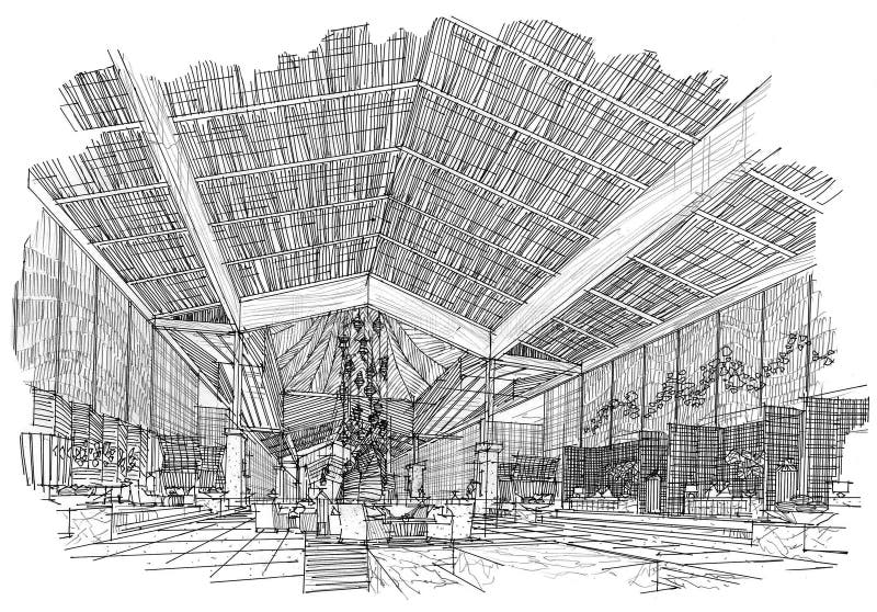 Sketch Interior Perspective Lobby Hall, Black and White Interior Design ...