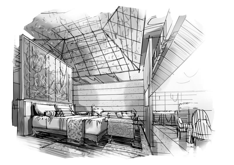 Sketch Interior Perspective Stripes Bedroom Stock Illustration ...