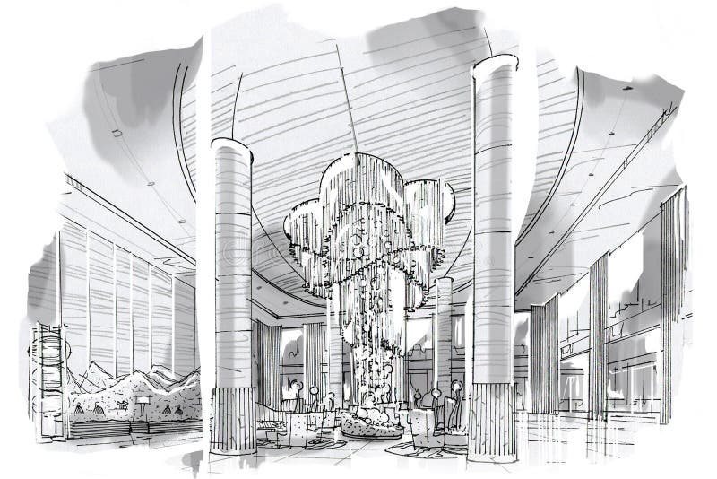 Sketch Interior Perspective Ballroom, Black and White Interior Design ...