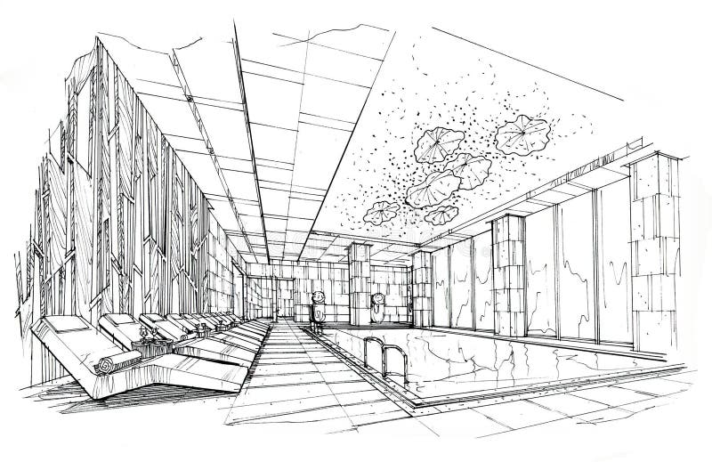 Sketch Interior Perspective Swimming Pools, Black and White Interior ...