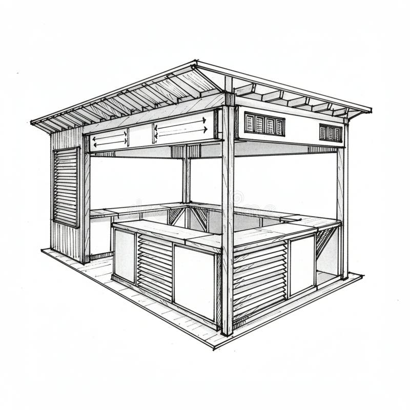 Sketch of a Kiosk Structure Featuring a Flat Roof with Exposed Beams ...