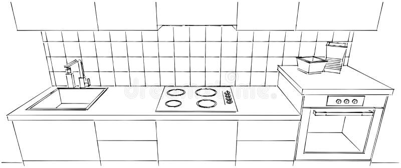 Sketch Layout Drawing of 3d Modern Corner Kitchen Interior Black and ...