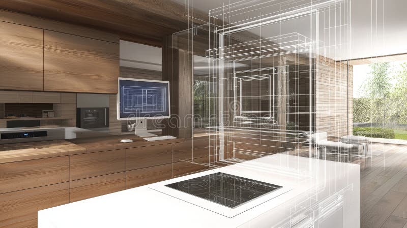 A Sketch of the Kitchen Design is Overlayed on a Computer on a Desk in ...