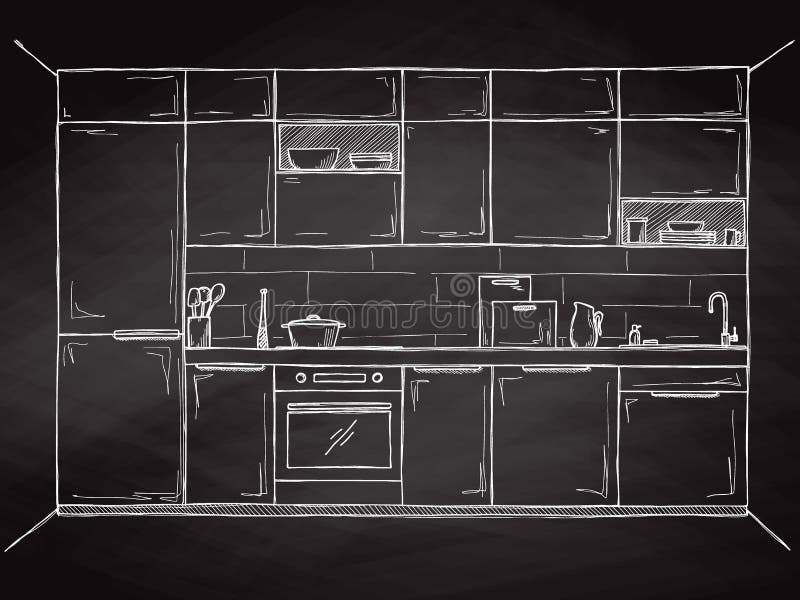 Sketch of the Kitchen, Front View. Vector Stock Illustration ...