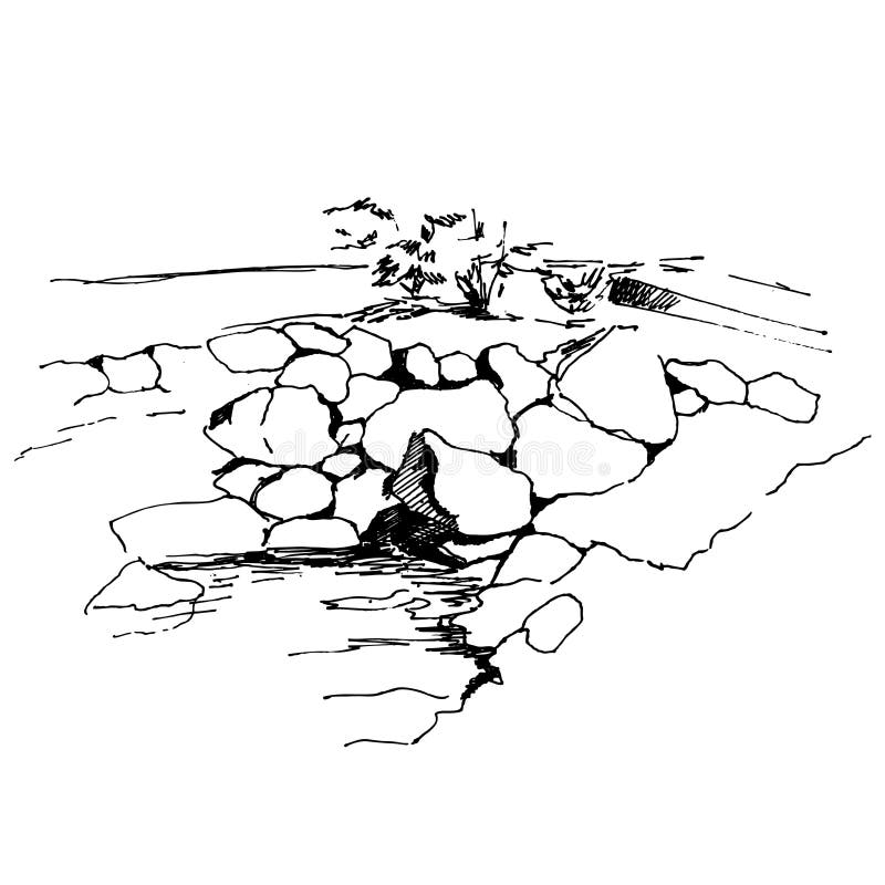 Sketch of Landscape with Stone. Vector Illustration Isolated on White ...