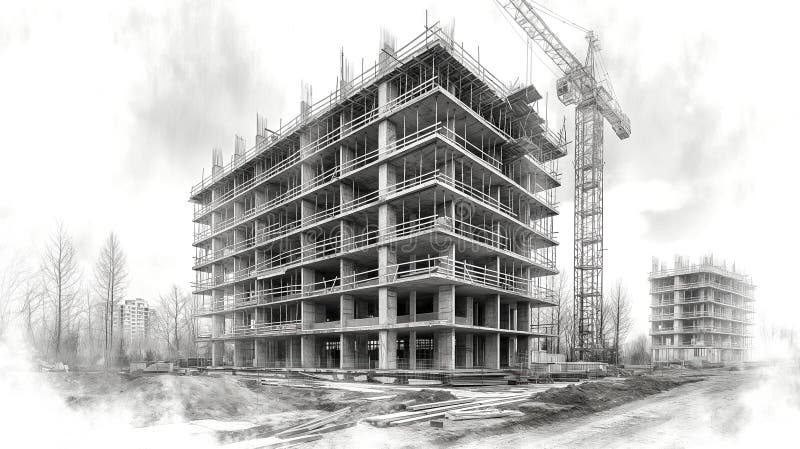 Sketch of a Large Building Under Construction, Featuring Scaffolding ...