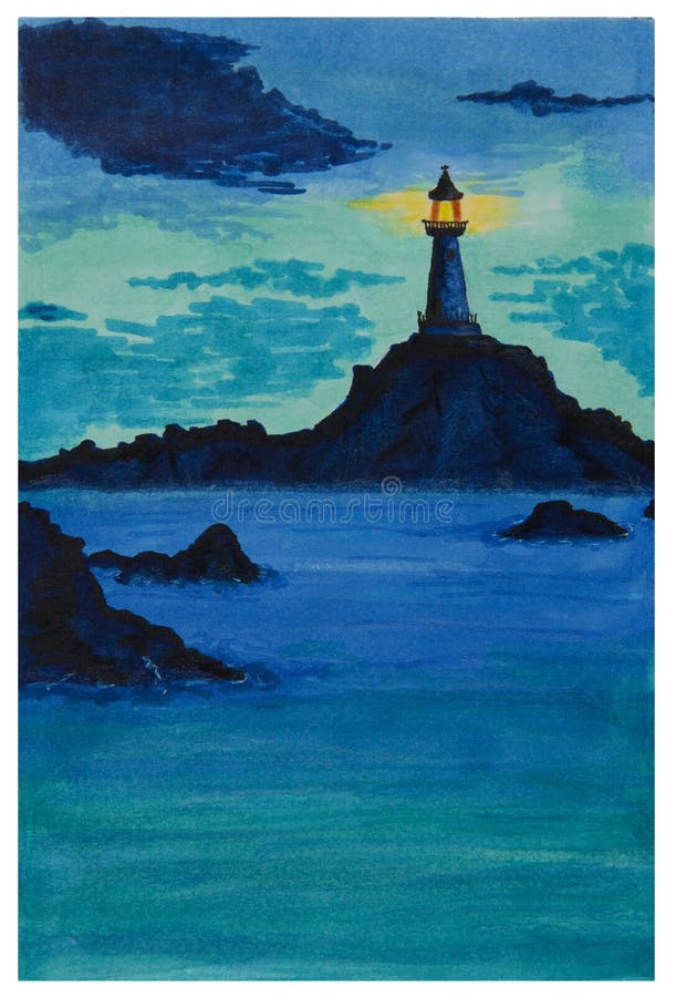 A Sketch of a Lighthouse on a Cliff, Glowing at Dusk Stock Photo ...