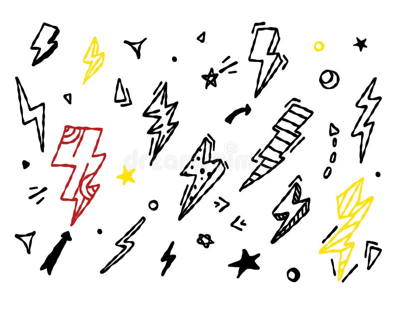 Sketch Lightning. Thunder Doodle, Bolts Electricity Scribble Elements ...