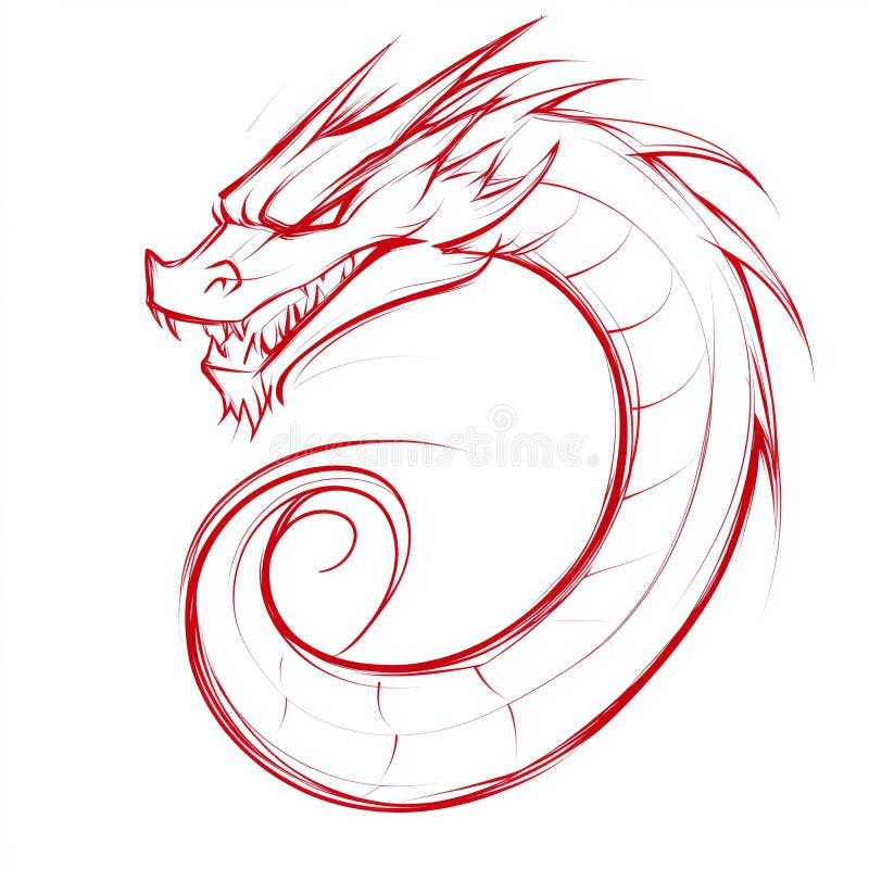 A Sketch-like Line Drawing of a Dragon in a Coiled Pose, Designed for ...