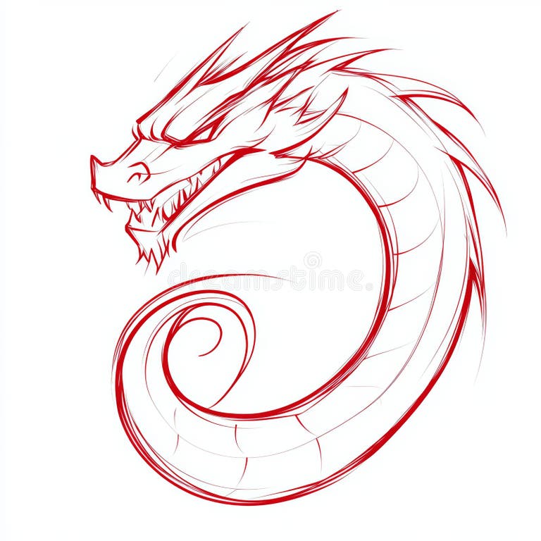 A Sketch-like Line Drawing of a Dragon in a Coiled Pose, Designed for ...