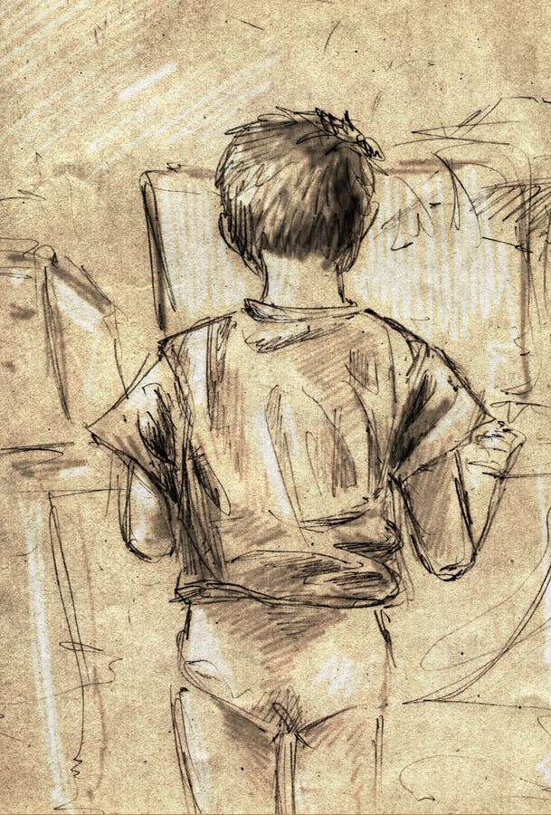 Sketch of a Kid Using Computer Stock Illustration - Illustration of ...