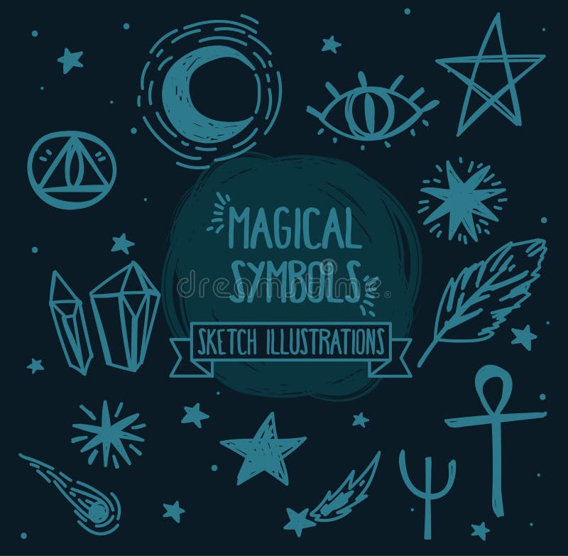 Set Of Magic Symbols, Witches Tattoos. Crescent Moon, Hands With Plants ...